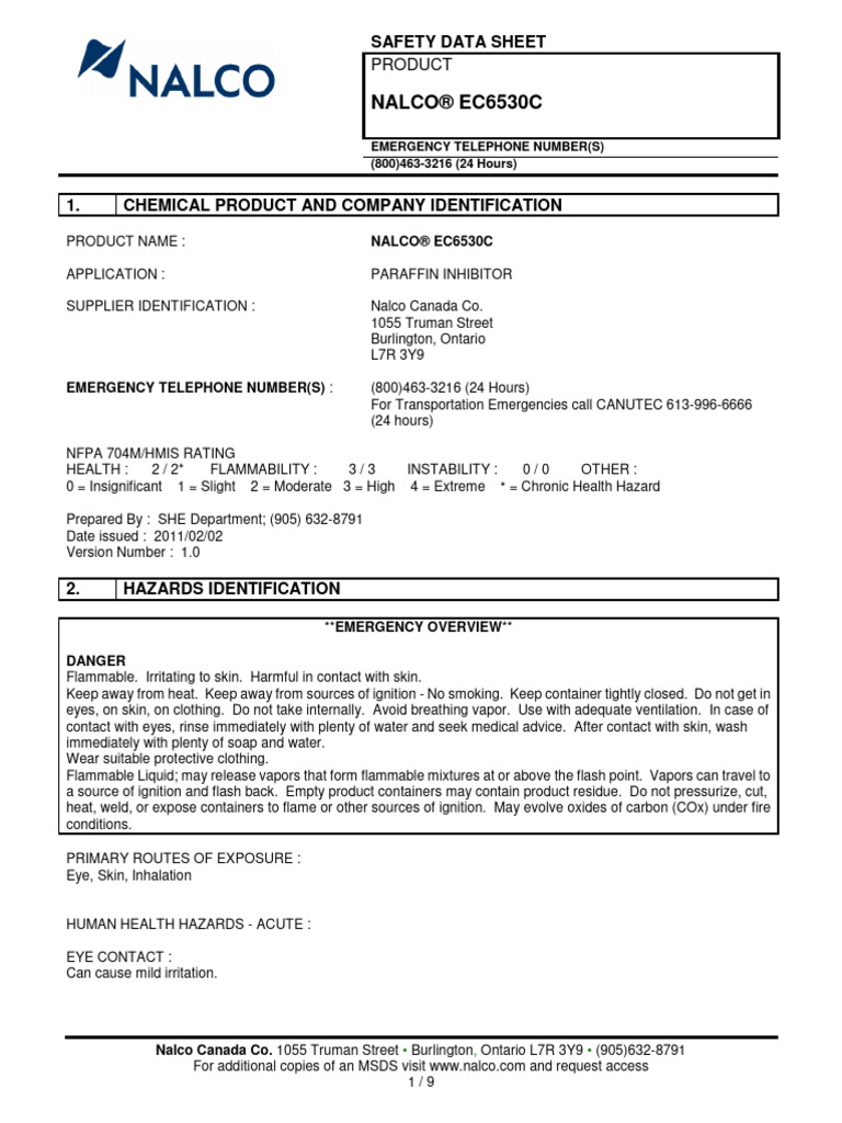 Nalco Parafin Inhibitor - MSDS Ec6530c | PDF | Combustion | Fires