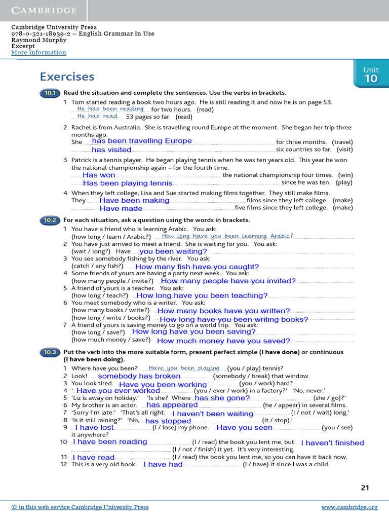 Present Perfect I Present Perfect Continuous Grammar in Use - Key | PDF