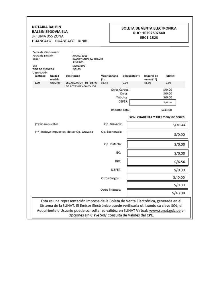 Boleta de Venta Electronica Notaria Balbin | PDF