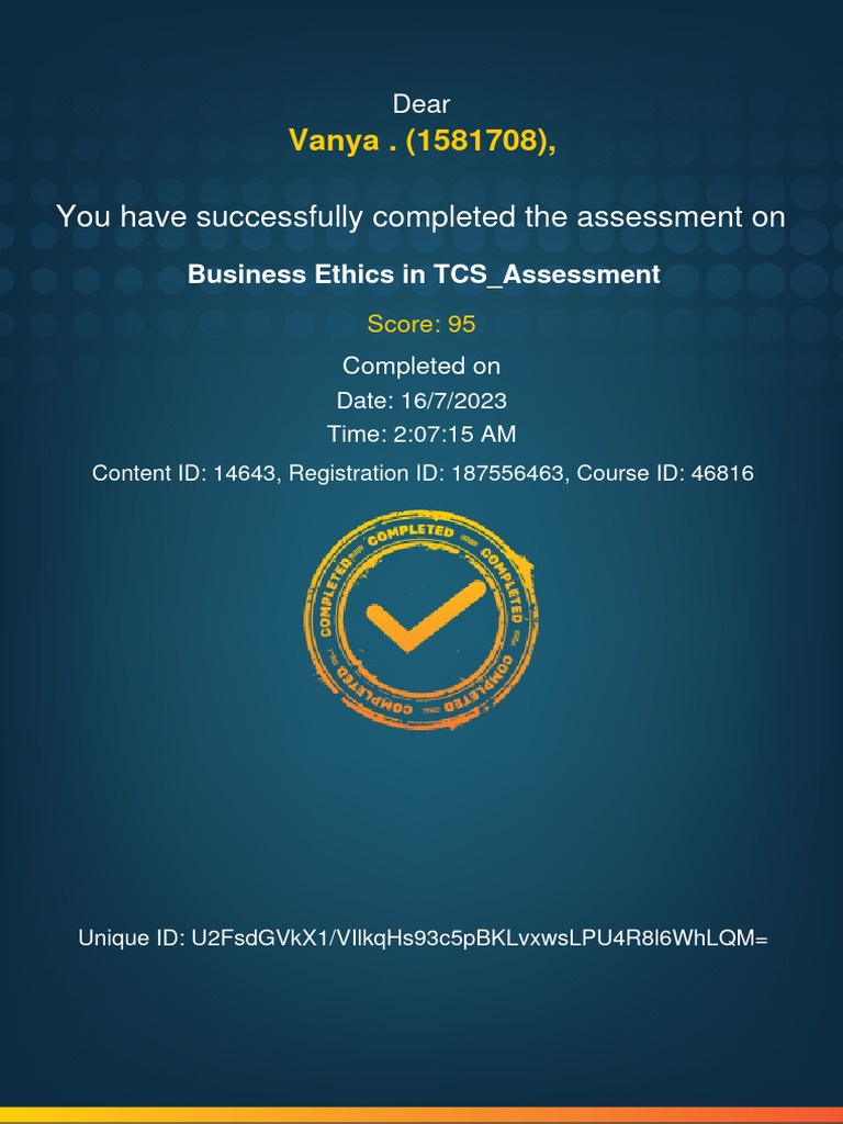 Business Ethics in TCS - Assessment - Completion - Certificate | PDF