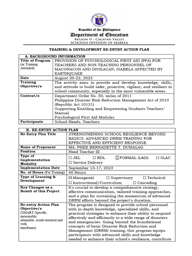 SDO Re Entry Action Plan MA. PHEE BERNADETTE T. DUMALAG BURGOS ES | PDF ...