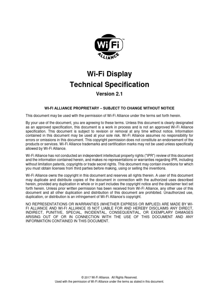 Wi-Fi Display Technical Specification v2.1 0 | PDF | Copyright ... Wi-Fi Display Technical Specification v2.1 0 | PDF | Copyright ...