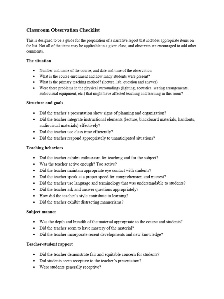 Teacher Classroom Observation Checklist Example | PDF