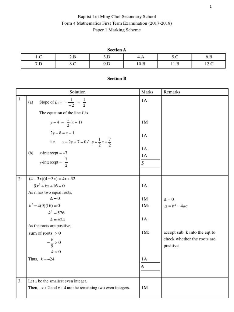 Form 4 Math Exam Marking Scheme 2017-18 | PDF | Complex Number | Zero ...