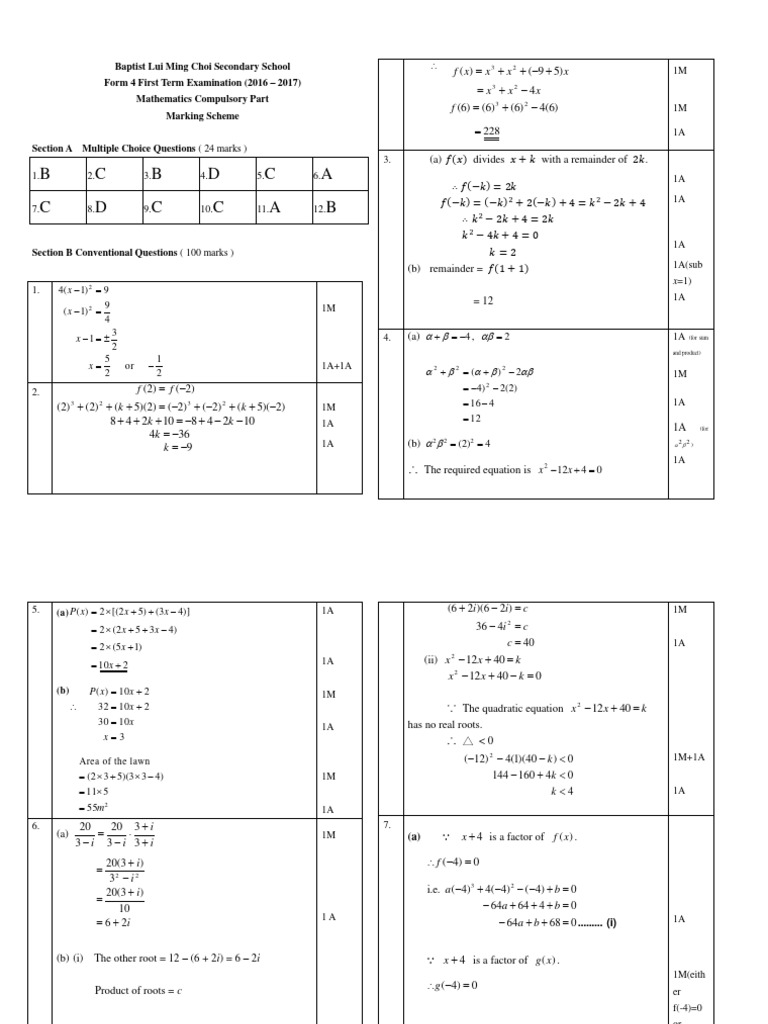 1617 Form 4 Math First Term Examination Marking Scheme | PDF | Abstract ...