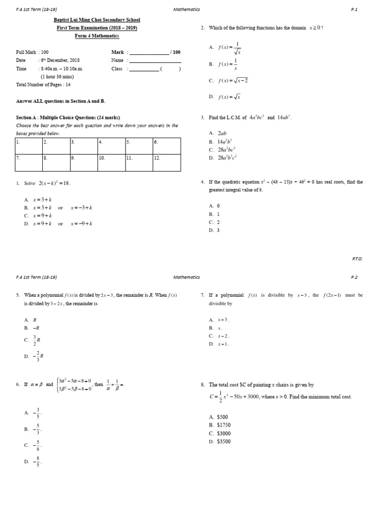 2018-19 F4 1st Term Exam | PDF | Applied Mathematics | Mathematical ...