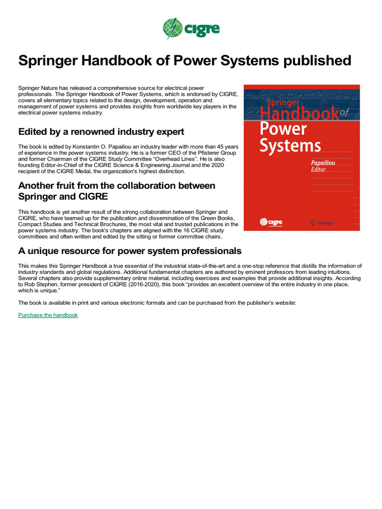 Springer Handbook Of Power Systems Published Pdf