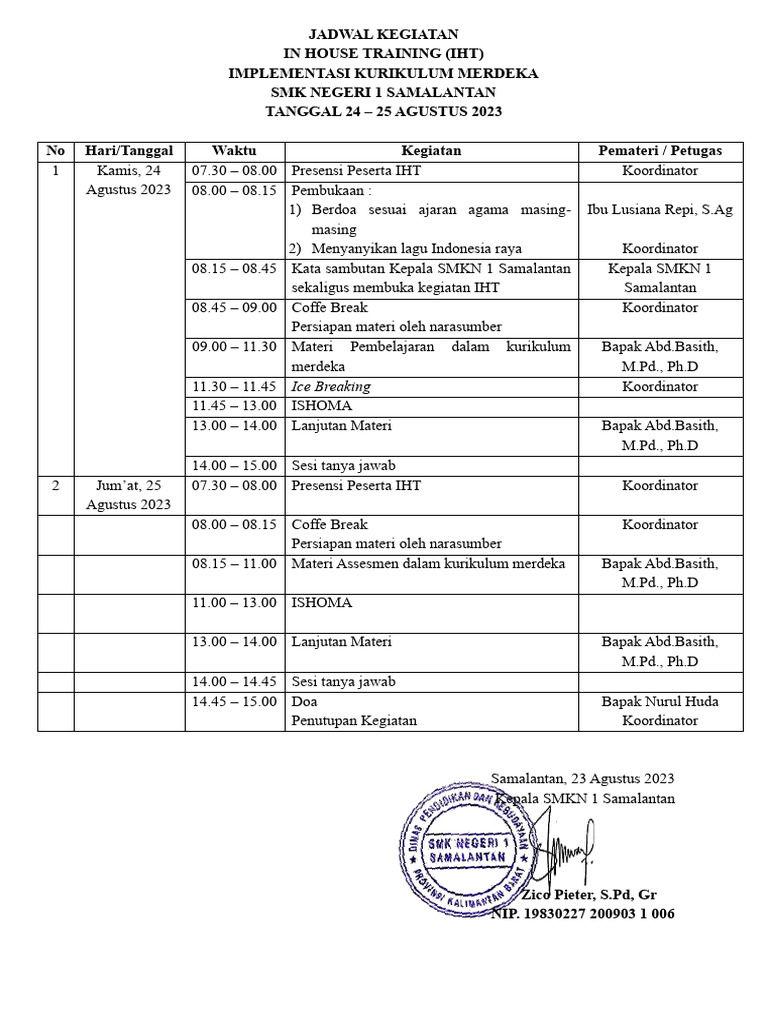 RUNDOWN ACARA KEGIATAN IHT 2 SMKN 1 SAMALANTAN | PDF