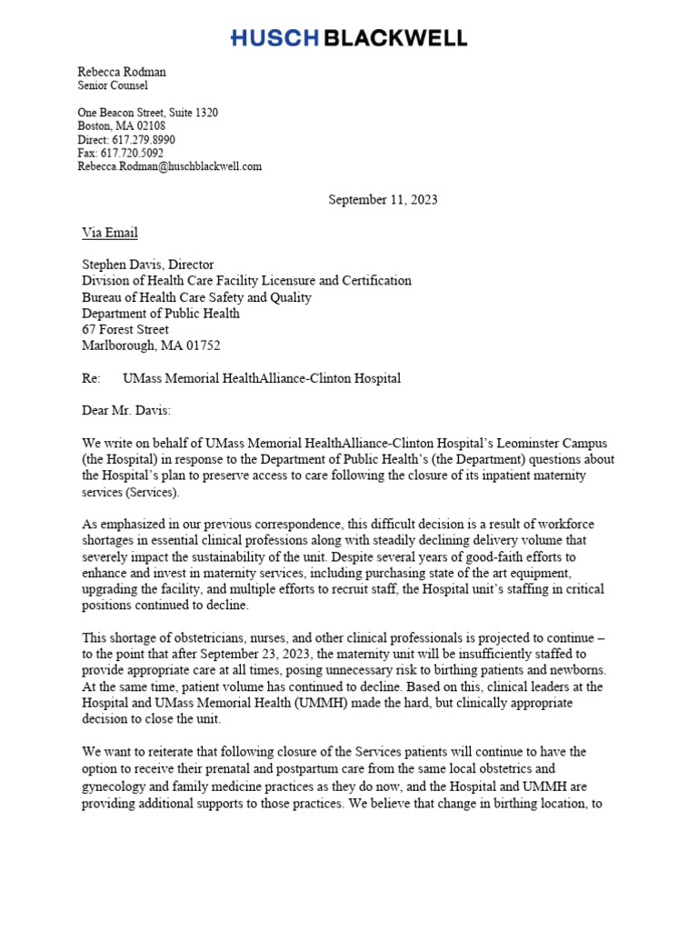 UMass Memorial HealthAlliance Clinton Letter To DPH | PDF | Emergency ...