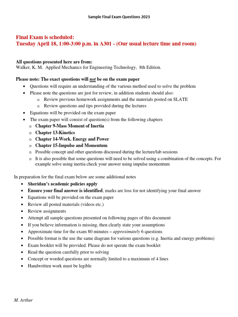 Dynamics Sample Final Exam Questions With Answers 2023 | PDF | Lecture ...