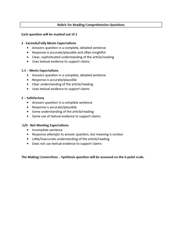 2-Point Scale Rubric For Reading Comprehension Questions | PDF