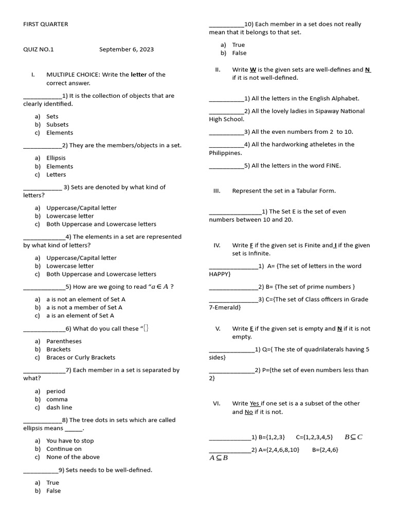 Grade 7 Quiz | PDF | Bracket | Set (Mathematics)