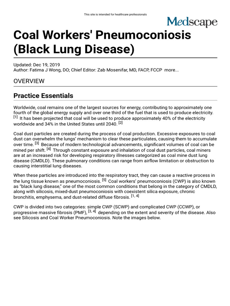 Coal Workers' Pneumoconiosis (Black Lung Disease) - Practice Essentials ...