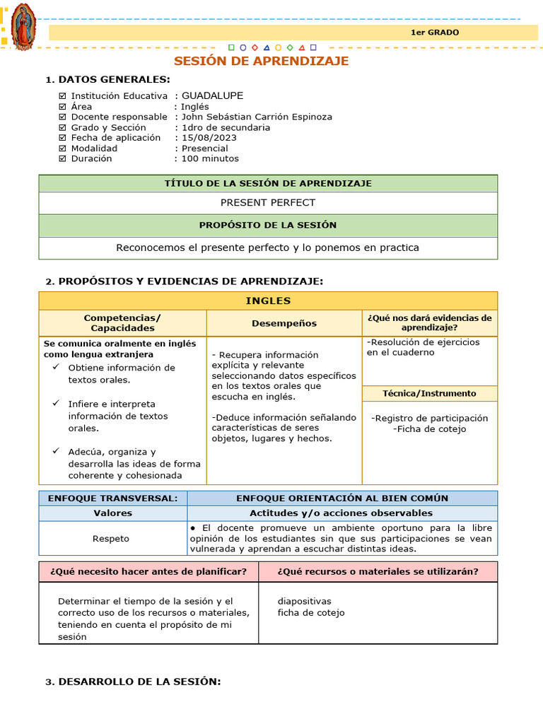 Sesion de 1ro de Ingles | PDF | Aprendizaje | Información