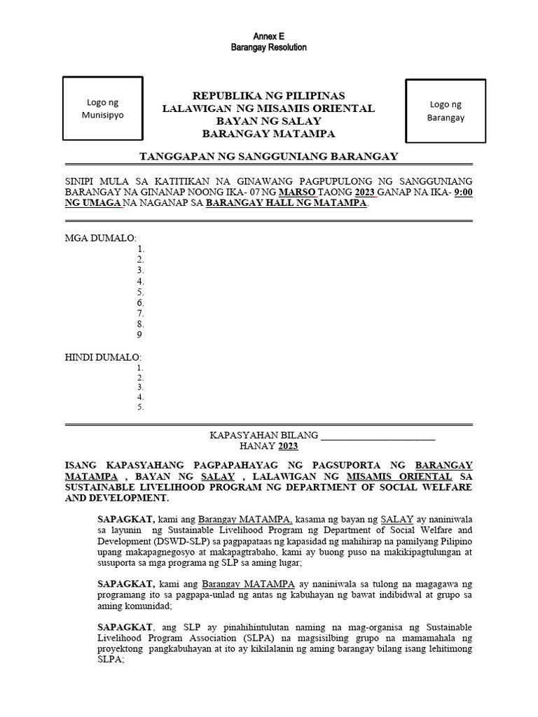 AAA - Barangay Resolution for DSWD - SLP (PLEASE EDIT DATE AND BARANGAY ...