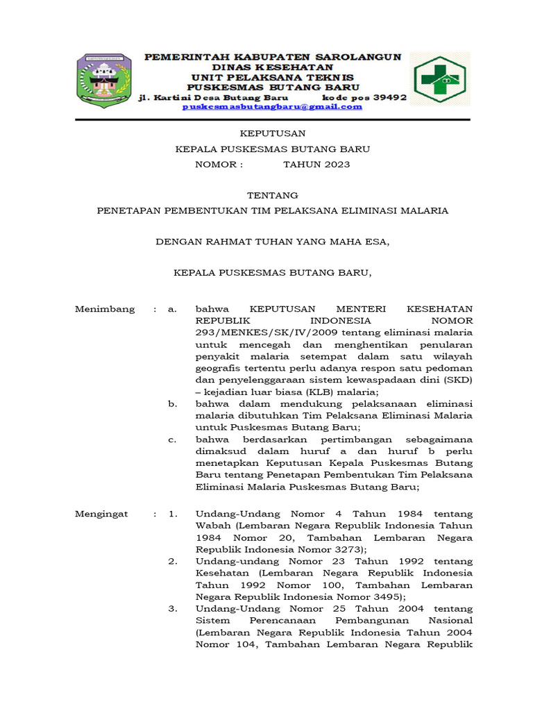 SK Tim Eliminasi Malaria PKM BB | PDF