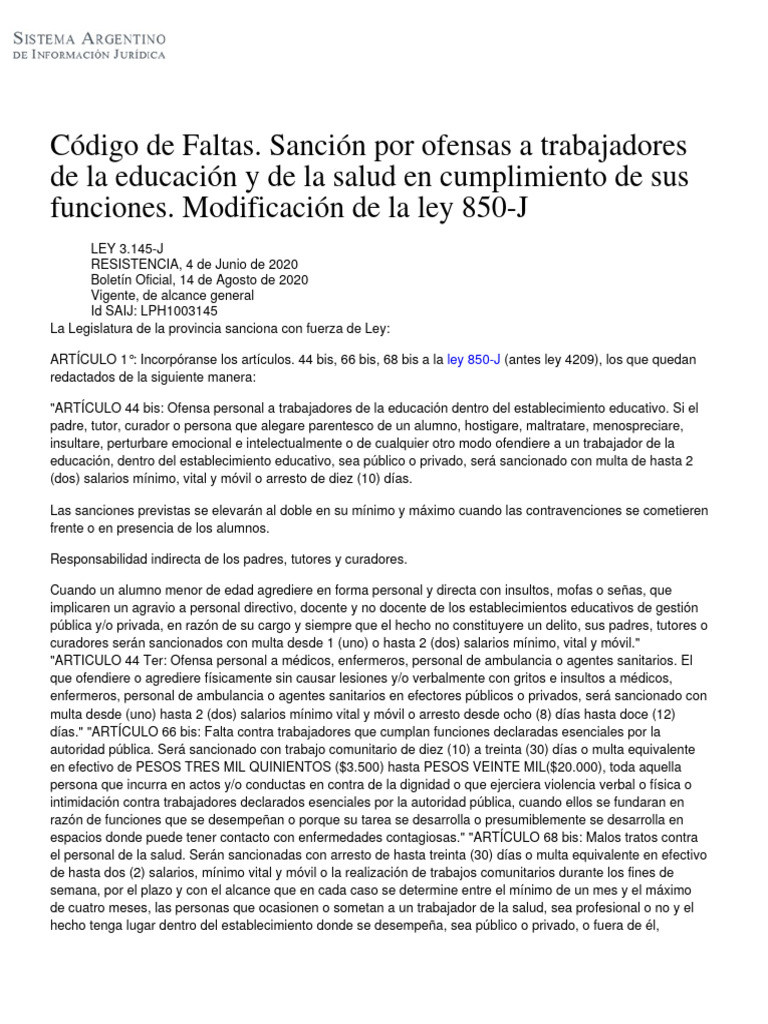 Código de Faltas. Sanción Por Ofensas A Trabajadores de La Educación y de La Salud en ...