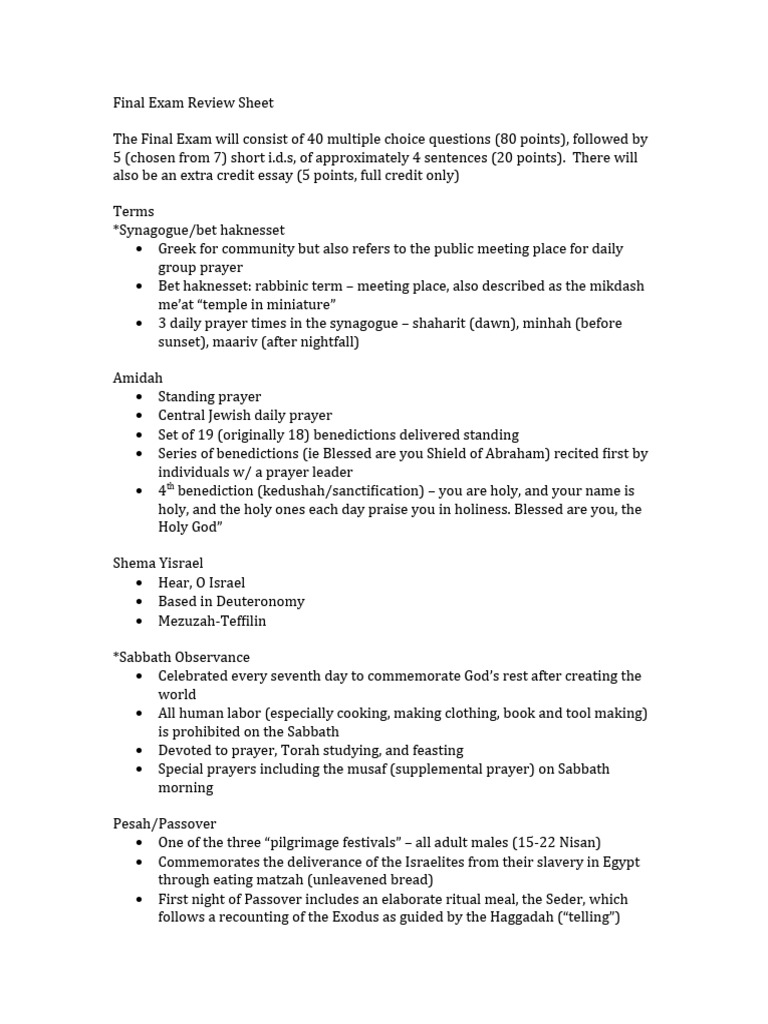 Final Exam Review Sheet For Judaism, Christianity, and Islam | PDF ...