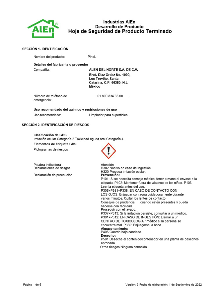 Hoja de Seguridad Pinol 2023 | PDF | Residuos | Toxicidad