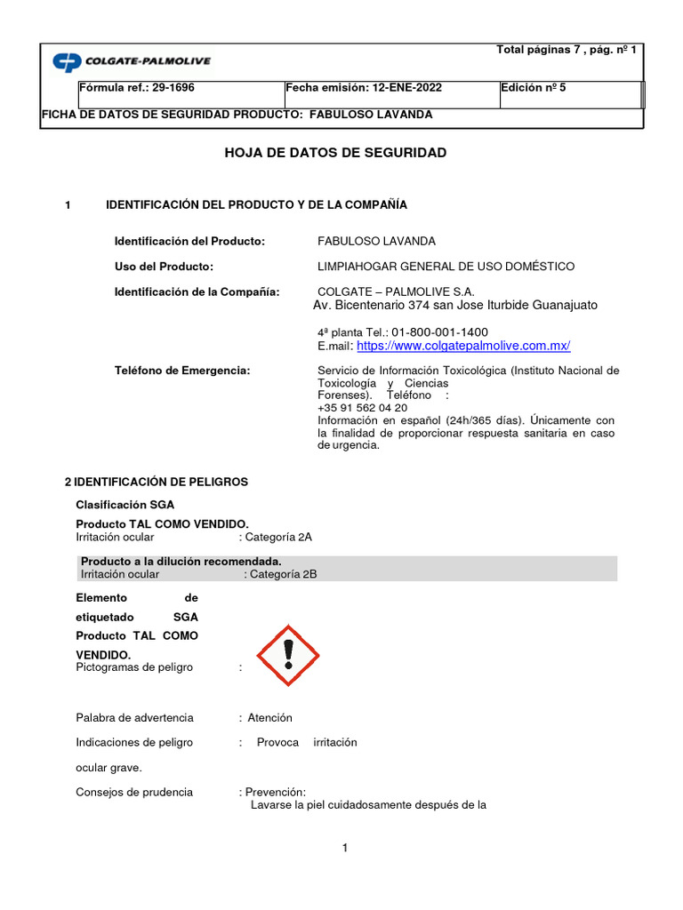 Hoja Seguridad Fabuloso 2023 | PDF | Agua | Química
