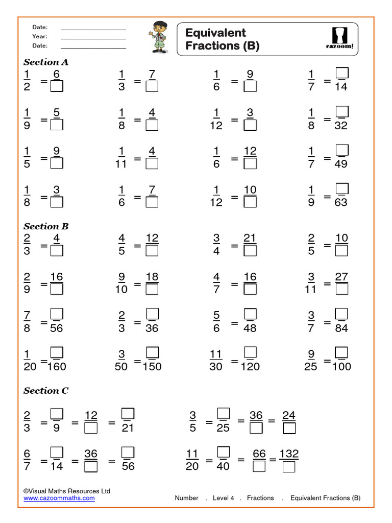 Year 3 Maths Worksheets. Equivalent Fractions B | PDF