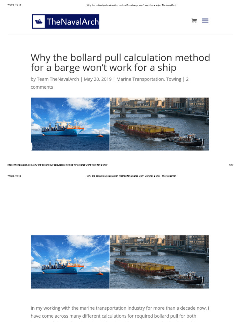 Why The Bollard Pull Calculation Method For A Barge Won't Work For A Ship - TheNavalArch | PDF ...