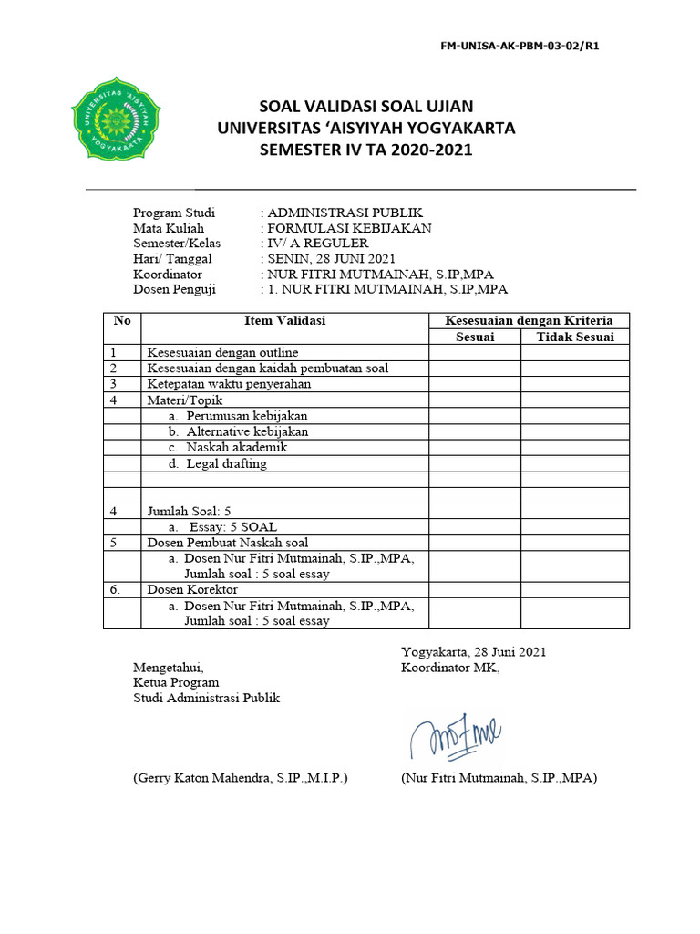 FORM SOAL UAS MATA KULIAH FORMULASI KEBIJAKAN - Nur Fitri Mutmainah ...