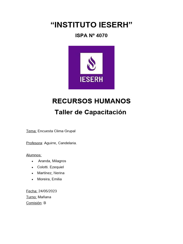 Encuesta sobre Clima Grupal IESERH | PDF | Salón de clases | Aprendizaje