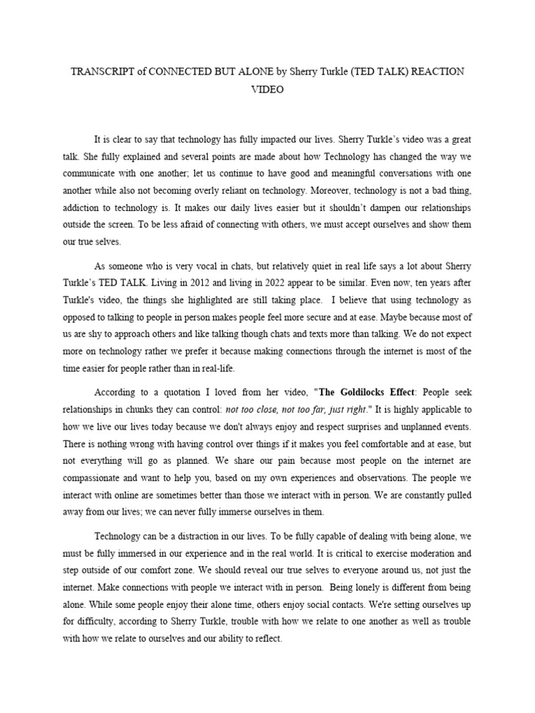 Reaction Video of CONNECTED BUT ALONE by Sherry Turkle | Download Free ...