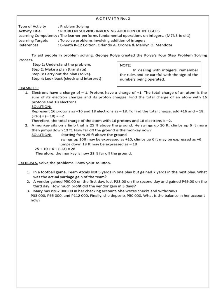 Activity No. 2 Problem Solving Involving Addition of Integers | PDF Activity No. 2 Problem Solving Involving Addition of Integers | PDF