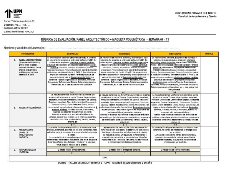 Rúbrica - Ejercicio Sem.4.2 - Panel+maqueta - Entrega t1 | PDF