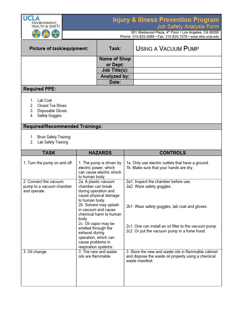 Contoh JSA Vacuum Pump | PDF | Personal Protective Equipment | Workplace