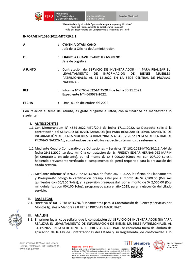 Informe 1026-2022-MTC-20.2.1 | PDF | Gobierno