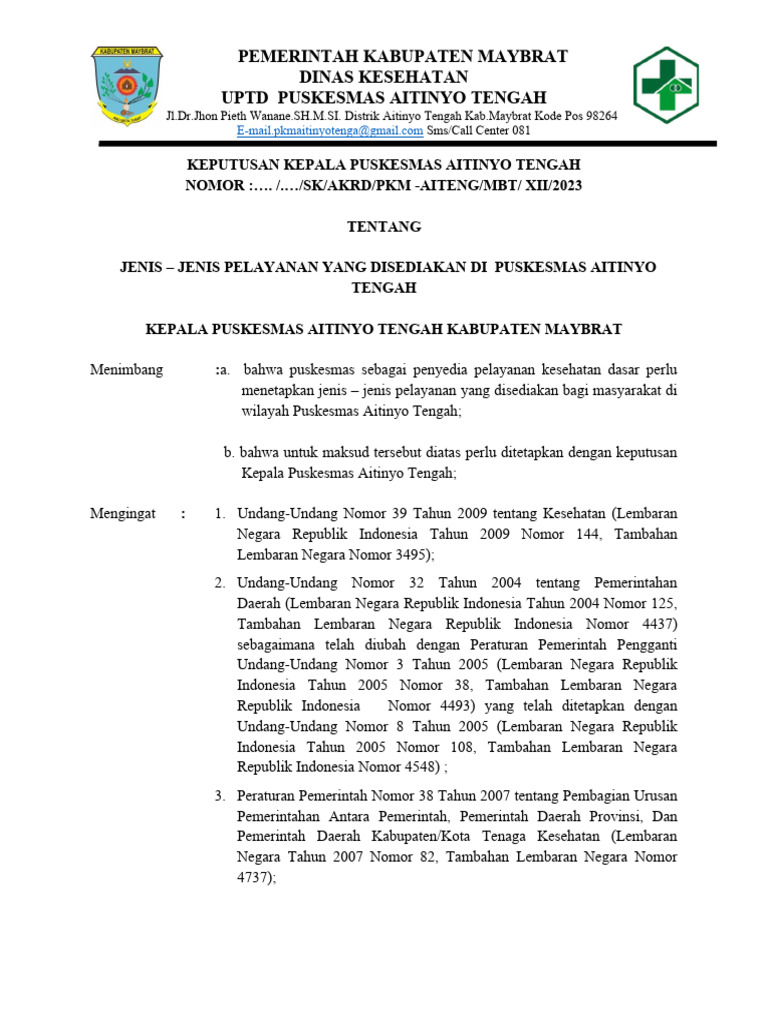 SK Jenis-Jenis Pelayanan Di Puskesmas | PDF | Pengembangan Diri