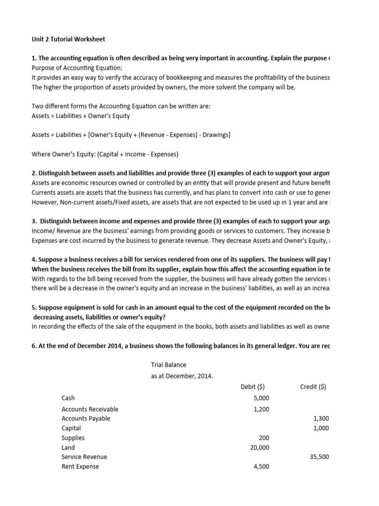 Unit 2 Tutorial Worksheet Answers | PDF | Debits And Credits ... Unit 2 Tutorial Worksheet Answers | PDF | Debits And Credits ...