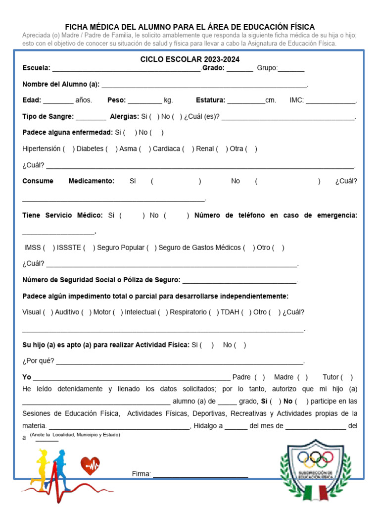Ficha Médica Del Alumno en EF Primer Grado (1) 2 | PDF | Enfermedades y trastornos ...