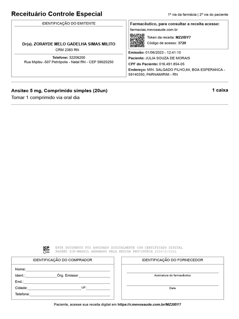 Receituário Controle Especial: Ansitec 5 MG, Comprimido Simples (20un ...