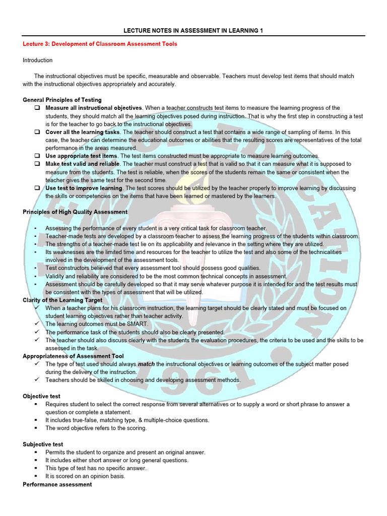 Lecture Notes 3 - Assessment in Learning 1 | PDF | Educational ...