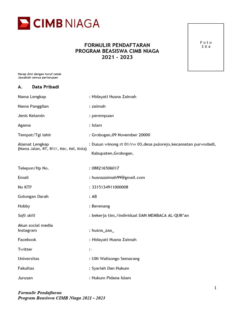 Formulir Cimbniaga (Zaim) | PDF