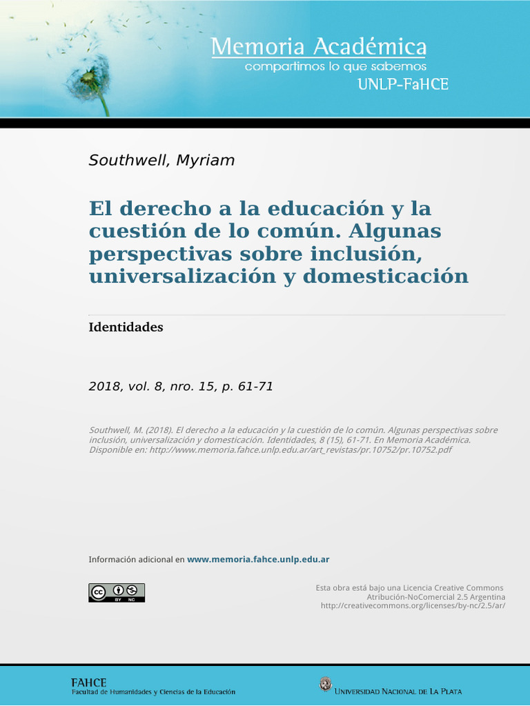 Southwell 2018 El Derecho A La Educaci N y La Cuesti N de Lo Com N | PDF | Inclusión (Educación ...