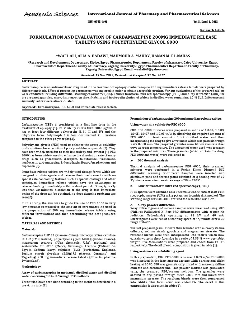 Formulation and Evaluation of Carbamazepine 200mg Immediate Release ...