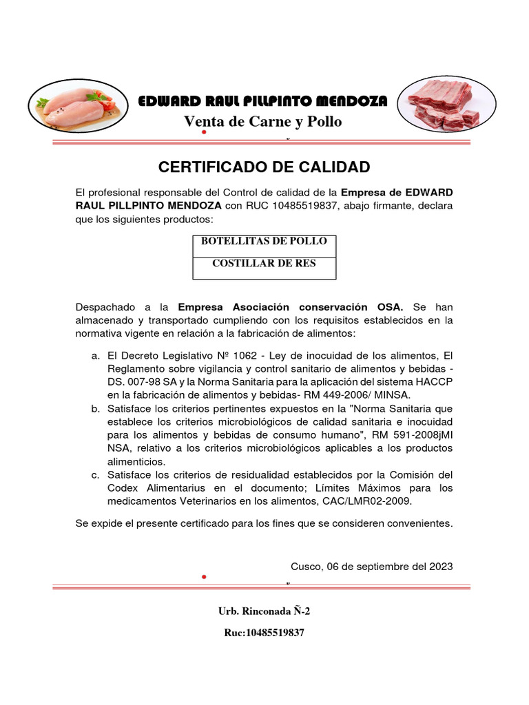 Certificado de Calidad Pollo y Carne | PDF