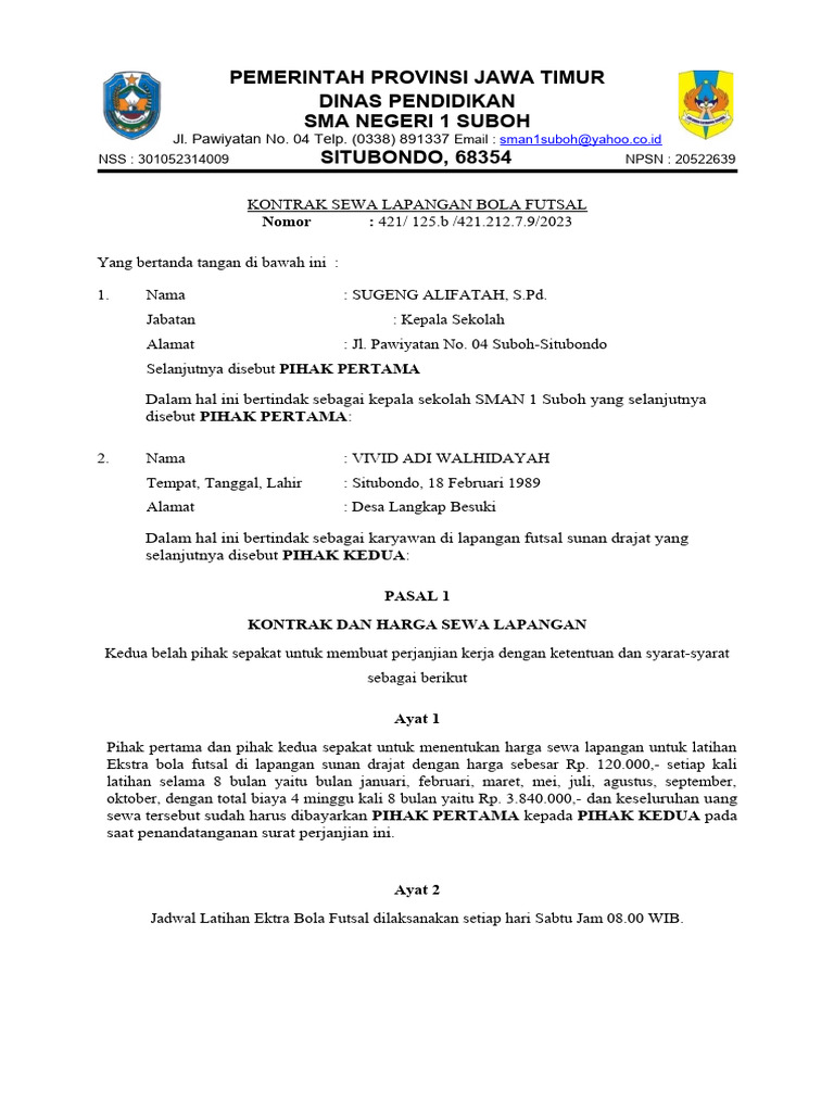 Perjanjian Kerjasama Sewa Lapangan Futsal | PDF