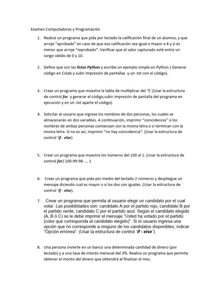 Examen C y P | PDF | Programa de computadora | Programación