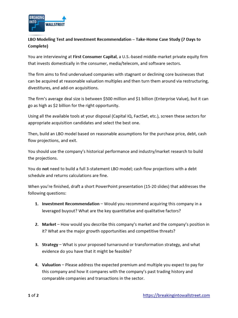 BIWS LBO Case Study - VF | PDF | Leveraged Buyout | Valuation (Finance)