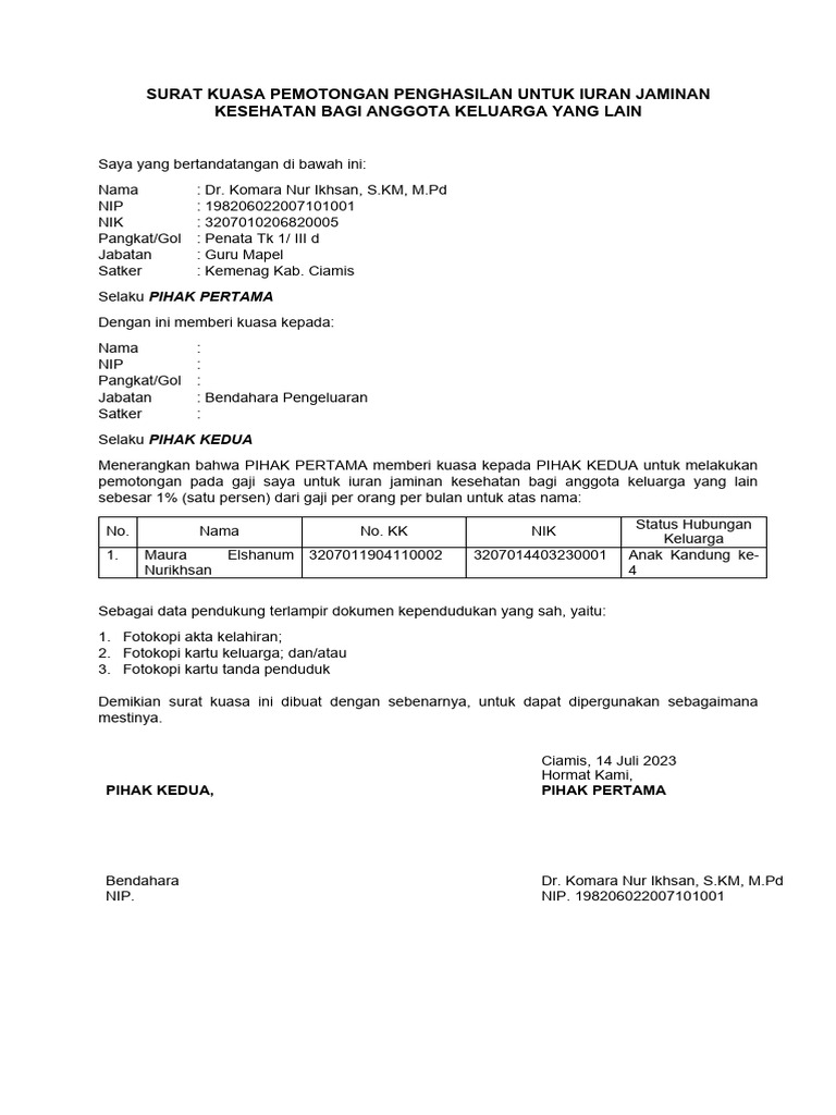 Surat Kuasa Pemotongan Penghasilan Untuk Iuran Jaminan Kesehatan Bagi ...