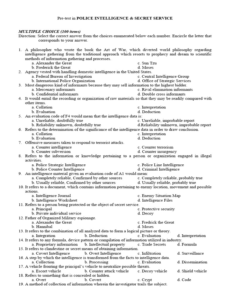 LEC 2016 - Pre-Test in Pol. Intel | PDF | Military Intelligence | Espionage