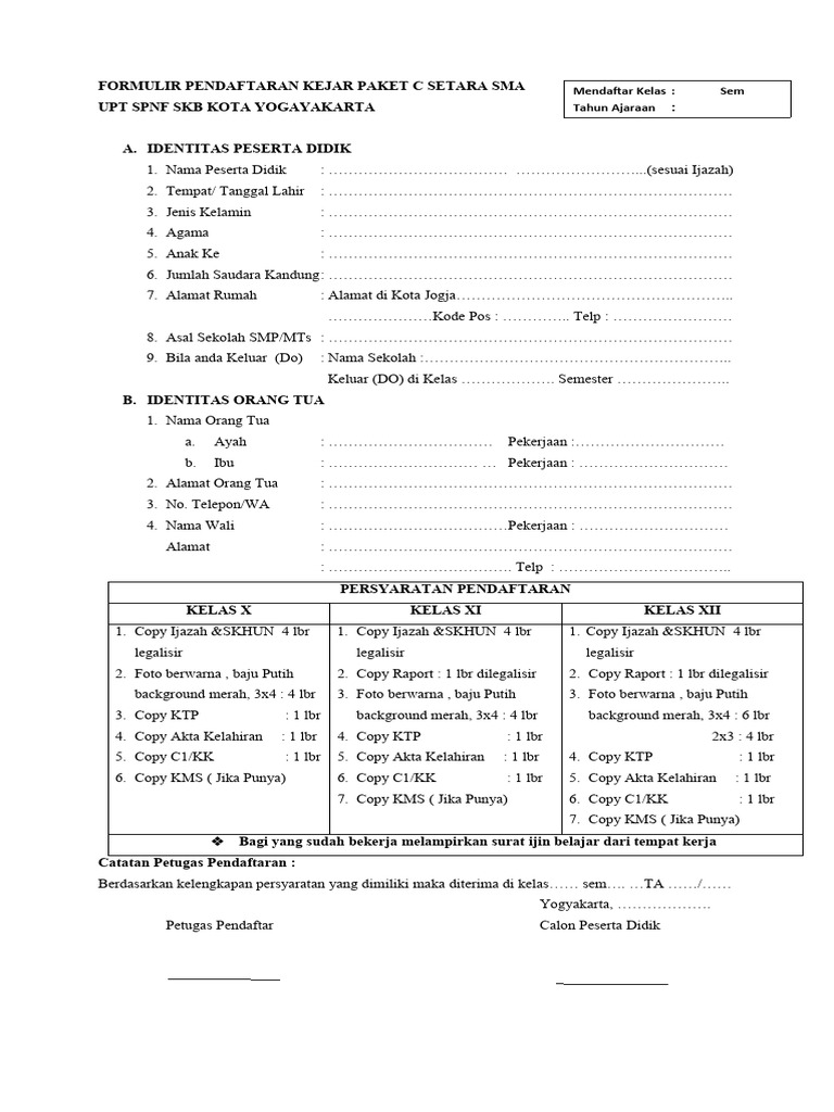 Formulir Pendaftaran Paket C Setara SMA | PDF