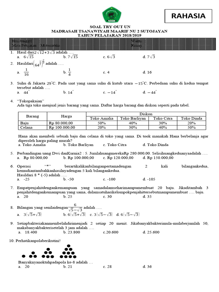 Soal TRY OUT MTK Kelas IX Ganjil 20182019 | PDF
