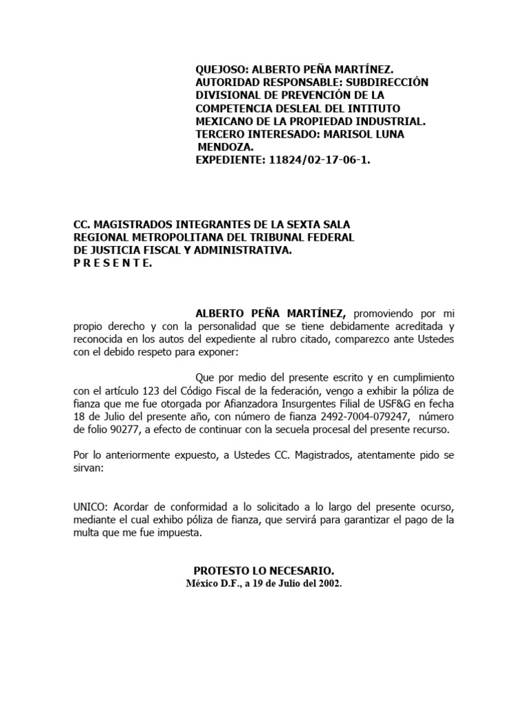 Exhibición de Fianza por Multa IMPI | PDF | Derecho